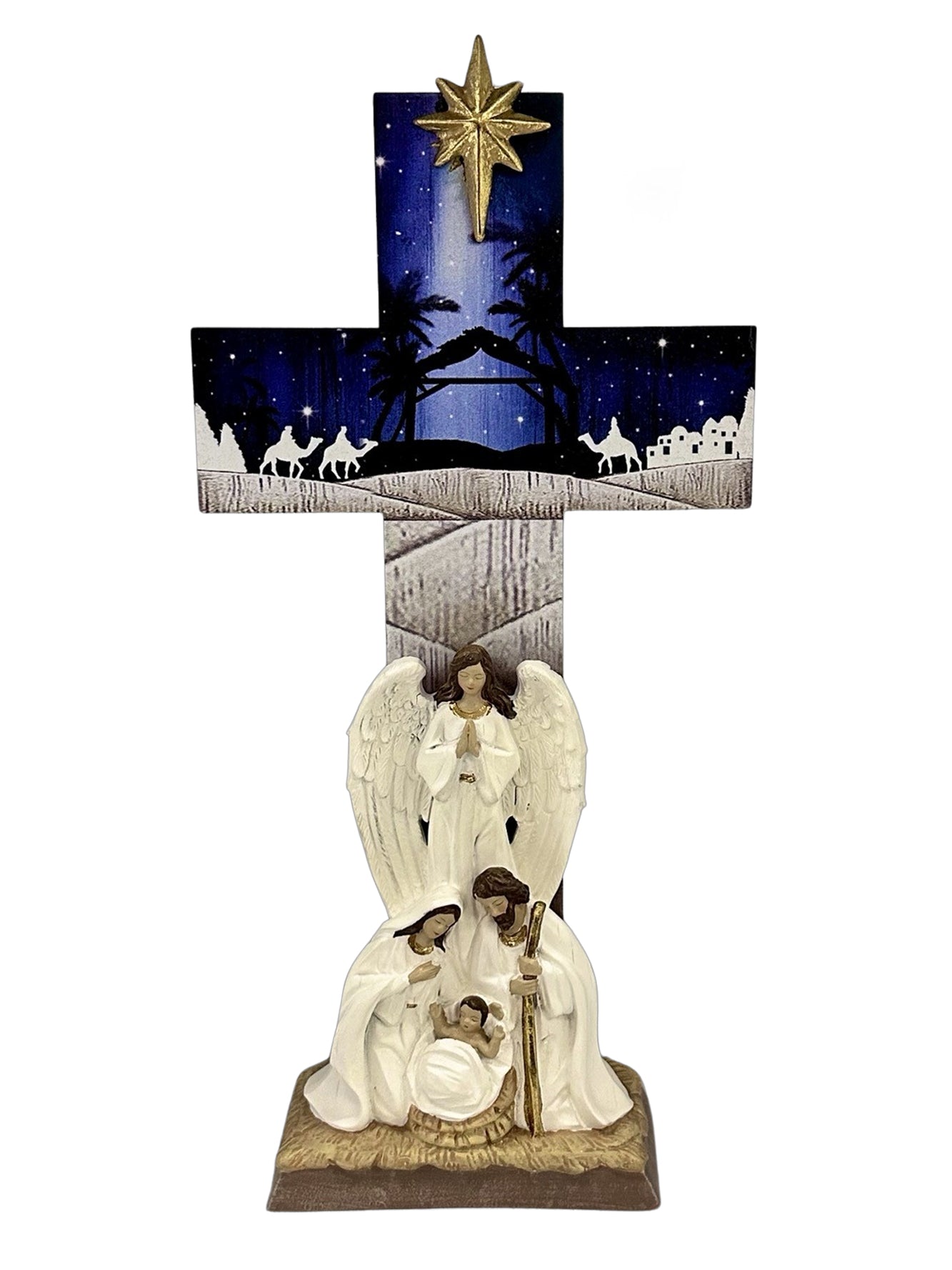 HOLY FAMILY WITH BLUE NATIVITY SCENE SIZE: 330 X 165MM - RESIN / WOOD ...